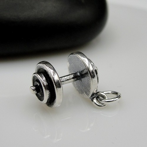 925 Sterling Silver Barbell Charm - 3D Dumbbell Charm - Weight Lifting ...