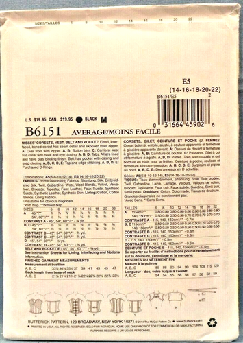 Butterick Pattern 6151 Corsets Vest Belt Misses Sizes 14 16 18 20 22 ...