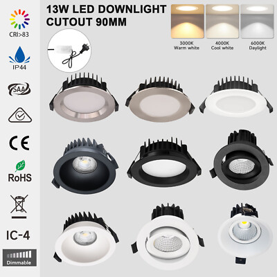 LED Downlight 13W Dimmable Tri-color IP44 90mm-100mm Cutout Flat ...