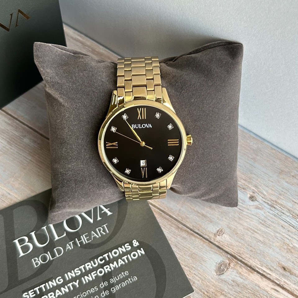 Bulova 97D108 Classic Men's Black Gold Dial Diamond Quartz Watch 40MM ...