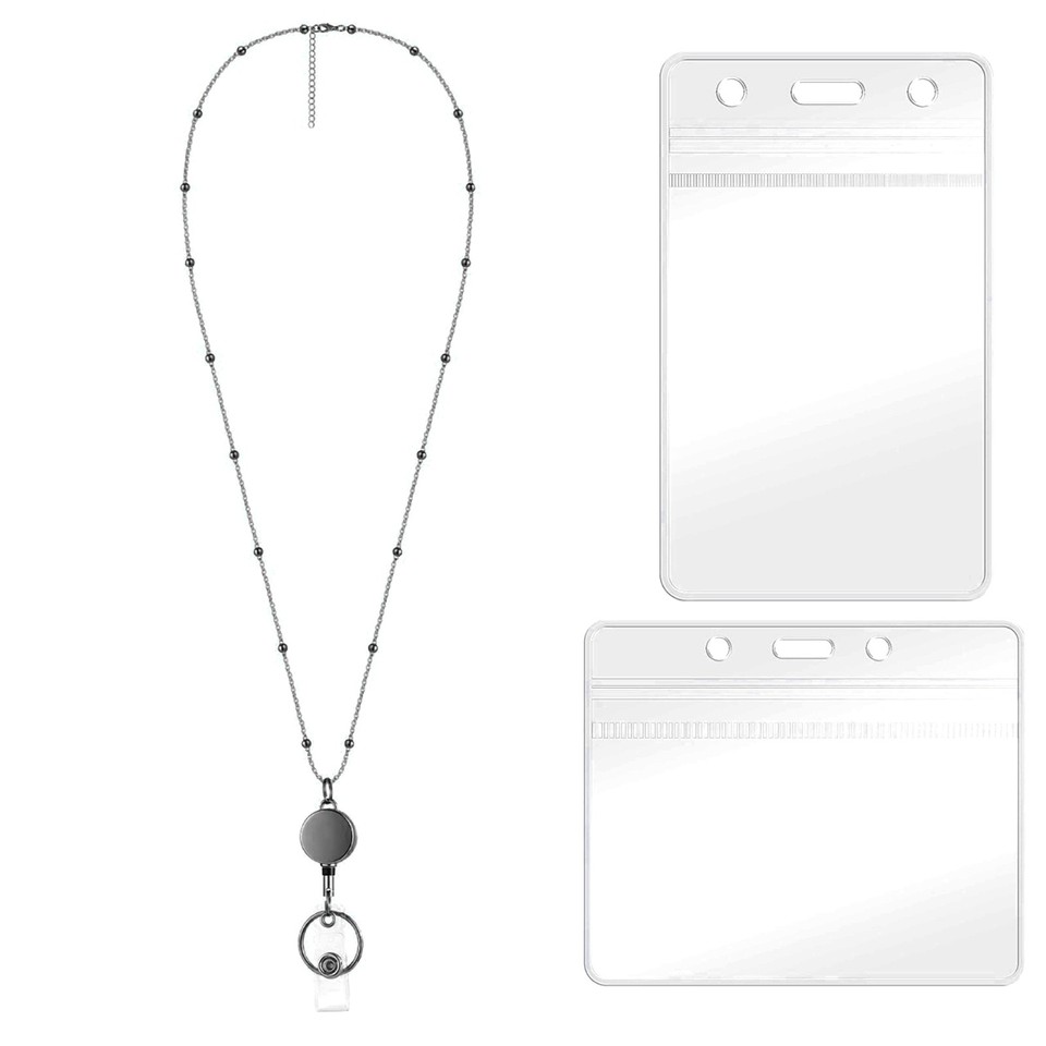 1Set Retractable Badge Reels ID Card Key Ring Black Neck Strap Carry ...