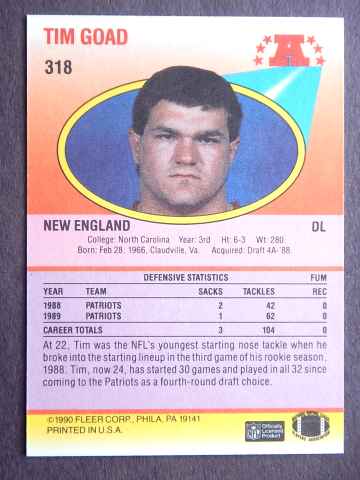 Tim Goad #318 Fleer 1990 Football Card (New England Patriots) | eBay