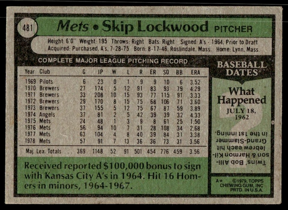 Skip Lockwood 1979 Topps #481 New York Mets Baseball Card | eBay