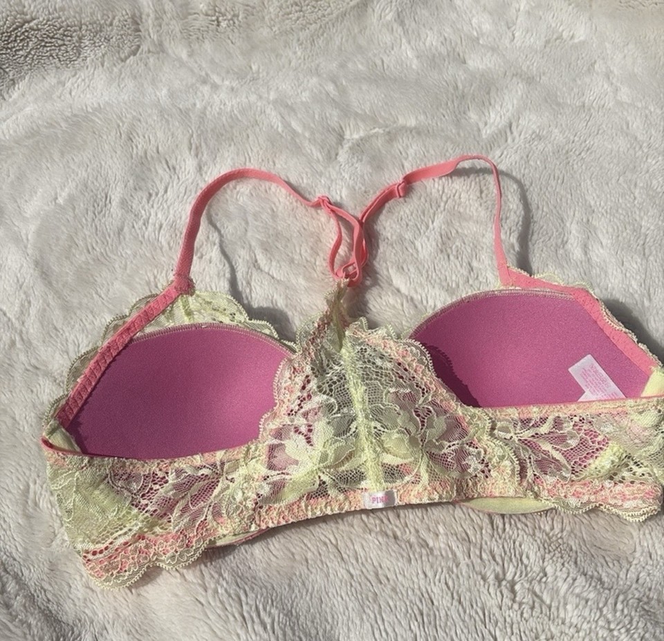 Victorias Secret Pink Bra 34B Neon Yellow And Coral Lace Front Clasp ...