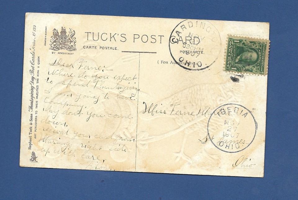 Antique Postcard Thanksgiving Day Tuck Turkey Pulling Cart Fork Knife ...