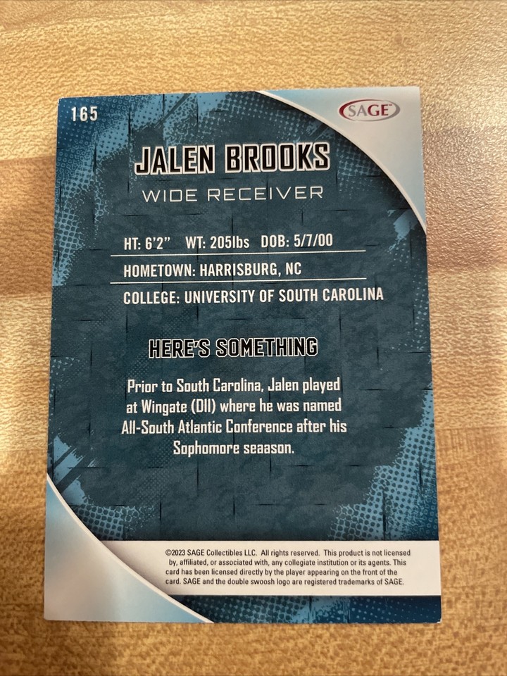 2023 SAGE High Series - #165 Jalen Brooks South Carolina Gamecocks (RC ...