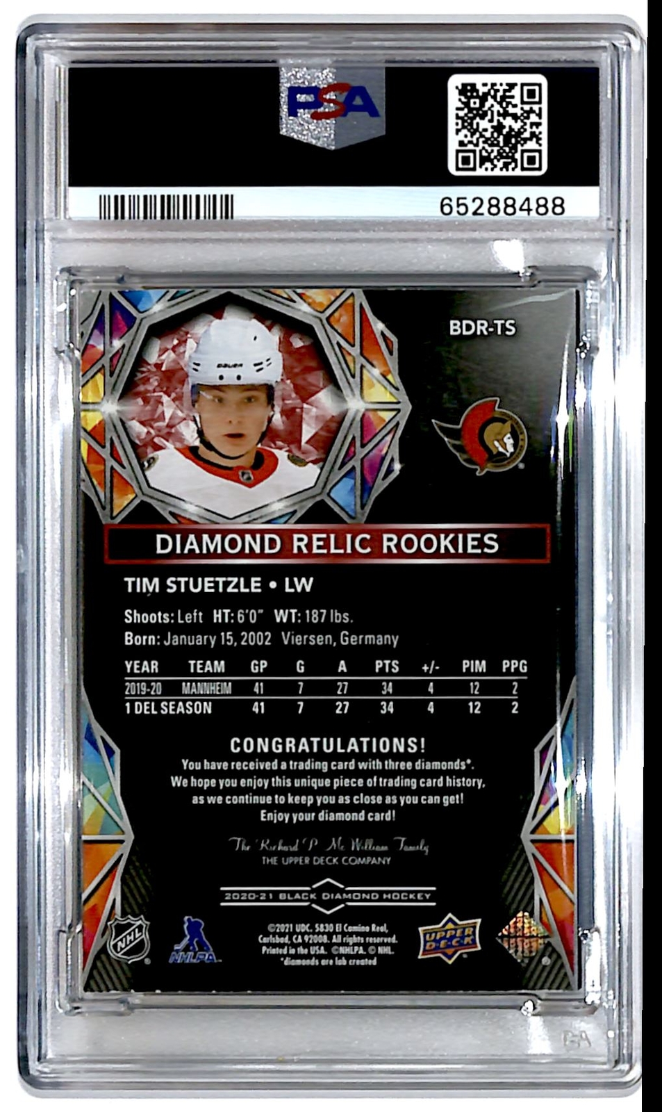 Tim Stutzle 2020-21 Upper Deck Black Diamond Relics Rookie Gems Ruby RC ...
