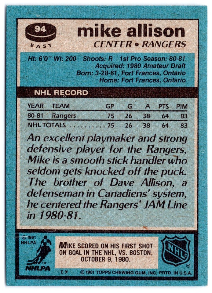 MIKE ALLISON RC 1981-82 TOPPS 81-82 NO 94 NRMINT+ 58306 | eBay