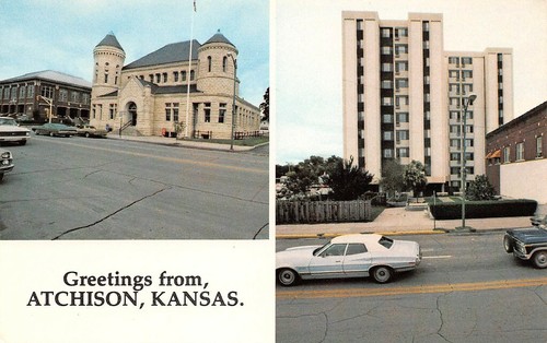 Greetings from Atchison Kansas Post Office Mall Tower Dunlap Post Card ...