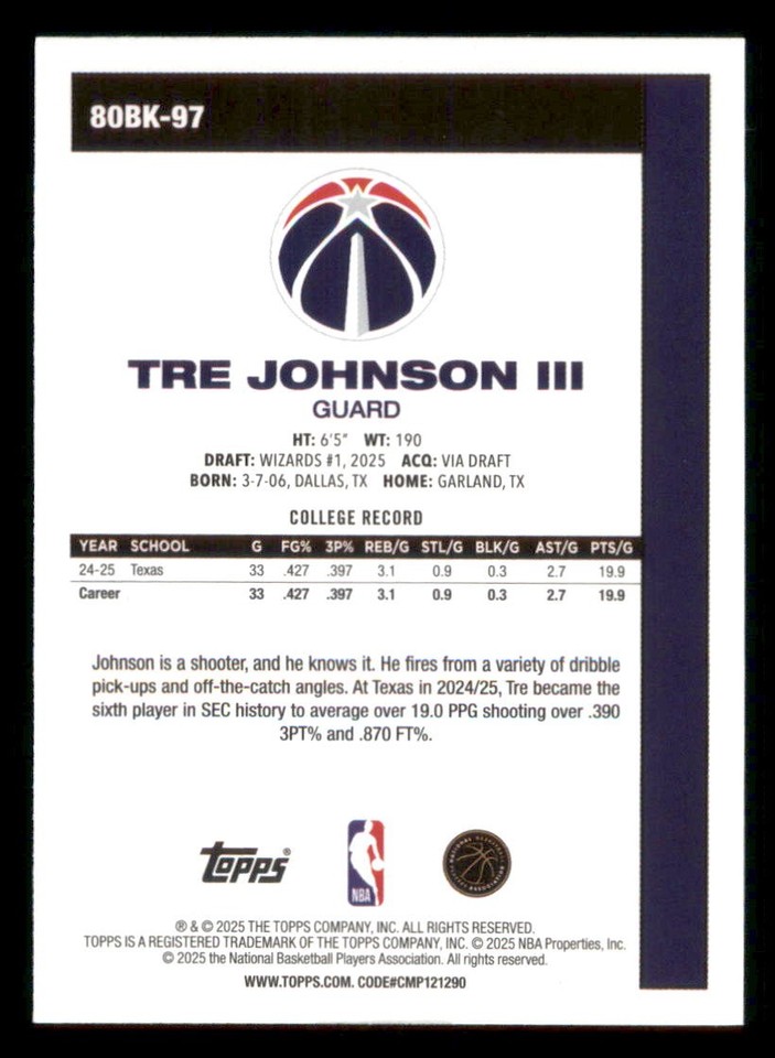 2025-26 Topps #80BK-97 Tre Johnson III 1980-81 Topps Basketball | eBay