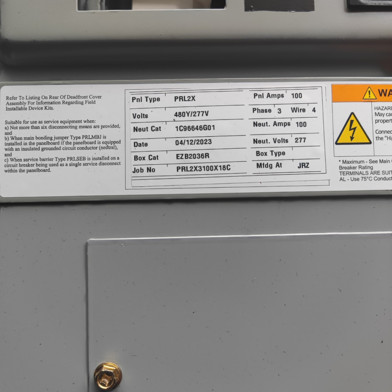 EATON PRL2X 100 AMP 480Y 277V 3P 4W 18 Cir NEMA 3R Outdoor Panelboard ...