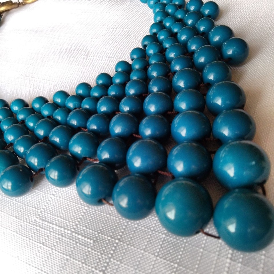 Teal Acrylic Beaded Chunky Bib Collar Necklace Brass Retro Rare Adj. 14 ...