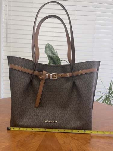 MICHAEL KORS REED LARGE BELTED TOTE SHOULDER BAG MK BROWN LOGO ...