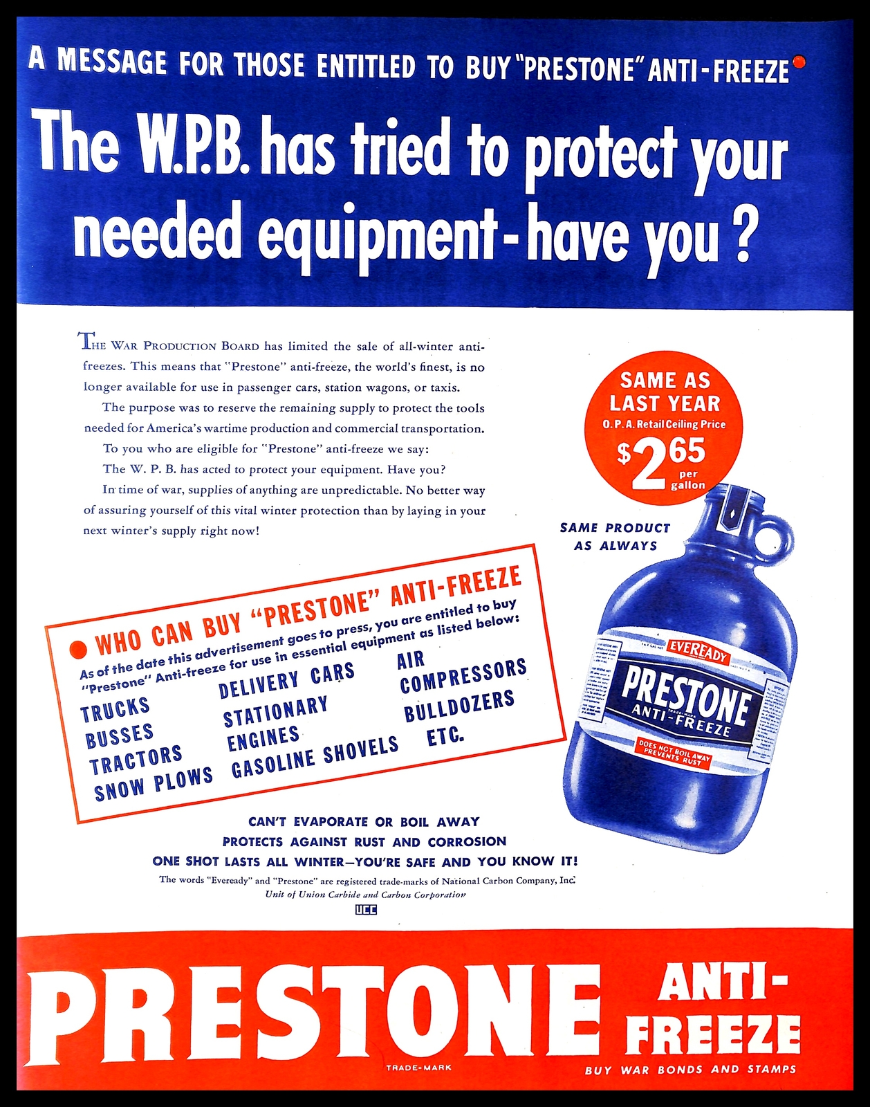 1943 Eveready Prestone Antifreeze Vintage PRINT AD Automobile Military ...