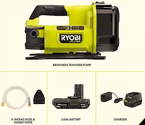 RYOBI RY20WP182K ONE HP 18V 1/4 hp Cordless Battery Powered Transfer ...