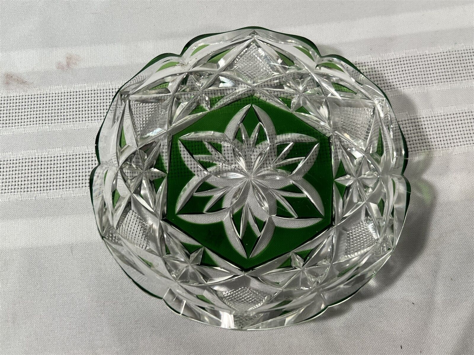 Lovely 6" Cut Crystal Nut or Candy Dish Emerald Green Flashed Center | eBay