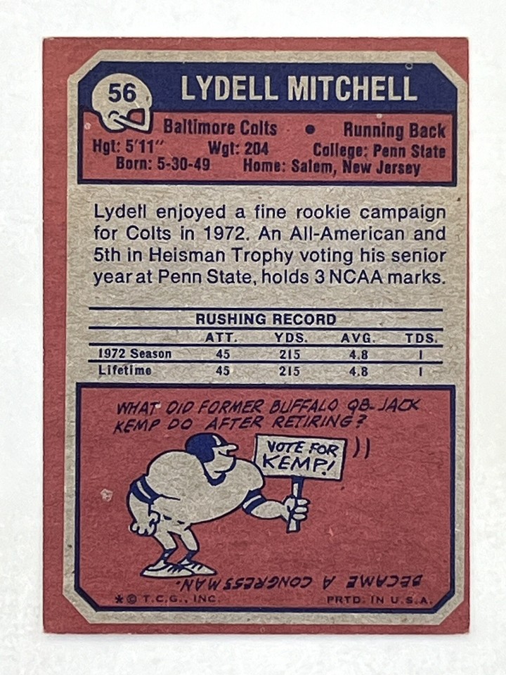 Lydell Mitchell 1973 Topps RC #56 NFL Baltimore Colts Vintage Trading ...