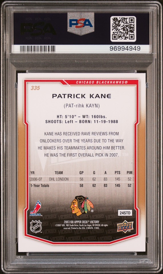 2007-08 Upper Deck Victory Patrick Kane #335 Rookie RC PSA 10 Gem Mint ...