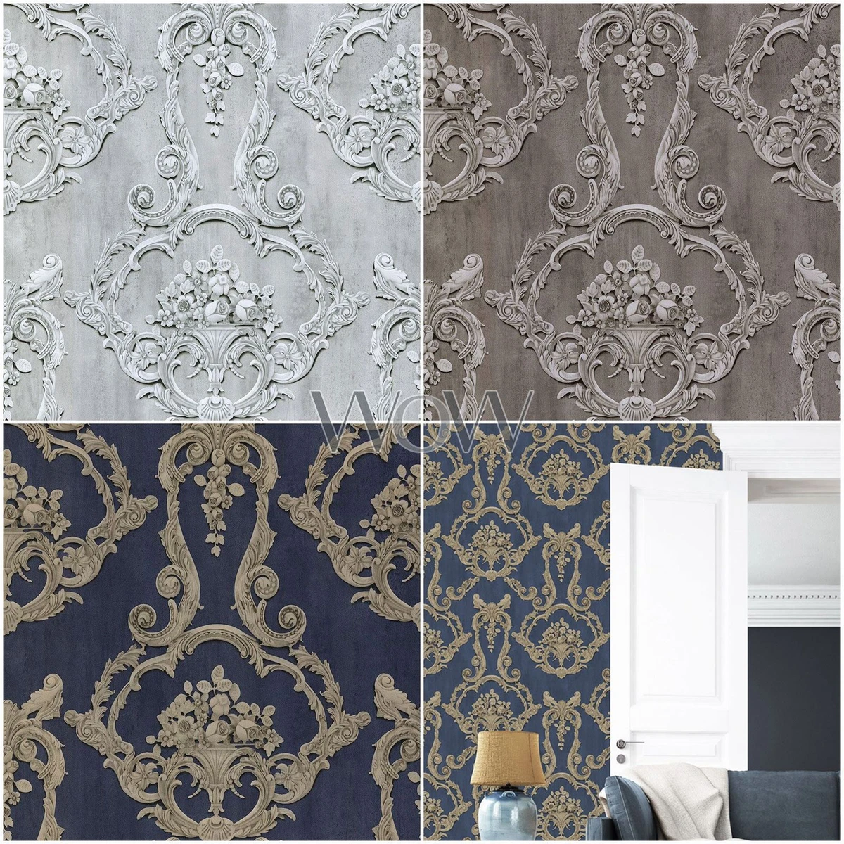 Navy Blue Damask Wallpaper