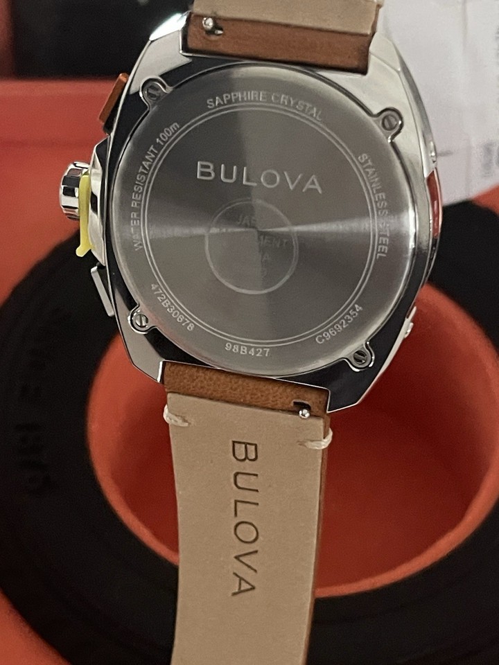 Bulova Racer Chronograph Leather Strap Black Dial Quartz 98B427 100M ...