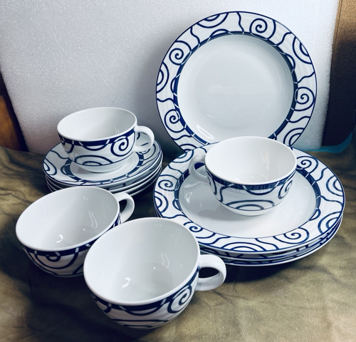 CRATE BARREL Spal Porcelain Set Blue Spiral Portugal 4cups 4saucers ...