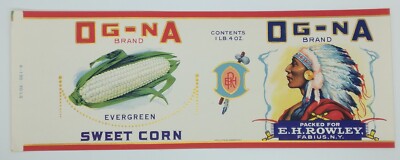 OG-NA Brand Sweet Corn, Vintage Can Label Indian Chief Smoking Karle ...