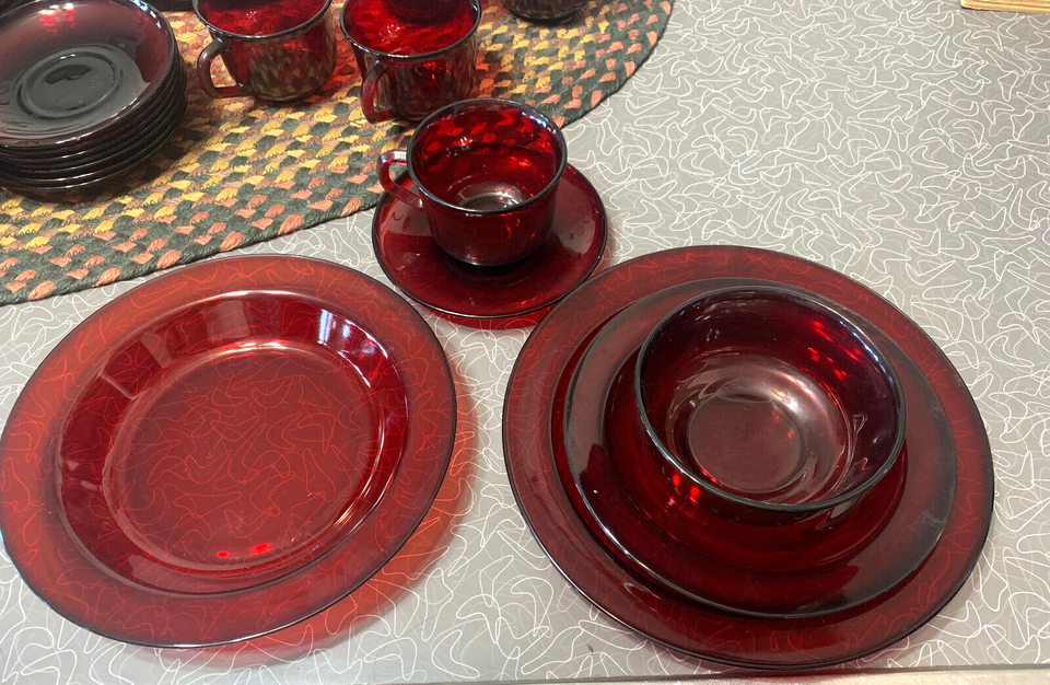 44 Arcoroc dinnerware set Classique Ruby Red Plates Bowls Cups Saucers ...