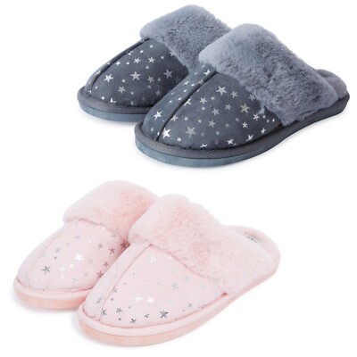 Womens Ladies Comfortable Borg Lined Slippers Cozy Slip-On Indoor Shoes ...
