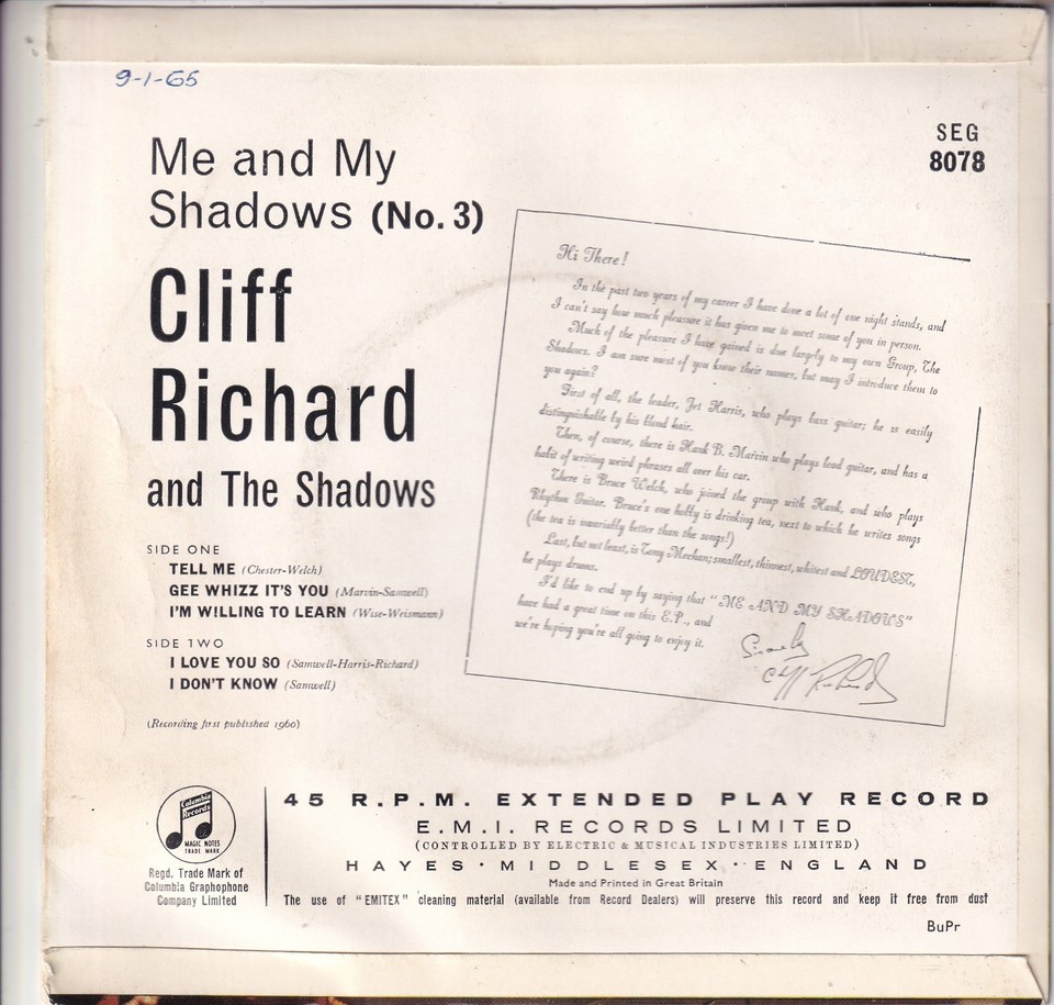 CLIFF RICHARD/SHADOWS-ME AND MY SHADOWS No.3 E.P. EXC. 1961 POP 7" SEG ...