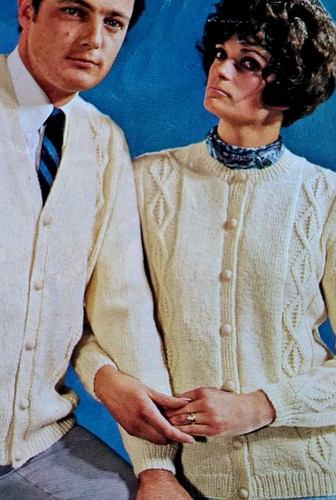 1960s Aran Diamond Cable Lady Man Cardigan Aotea 7256 Knitting Pattern ...