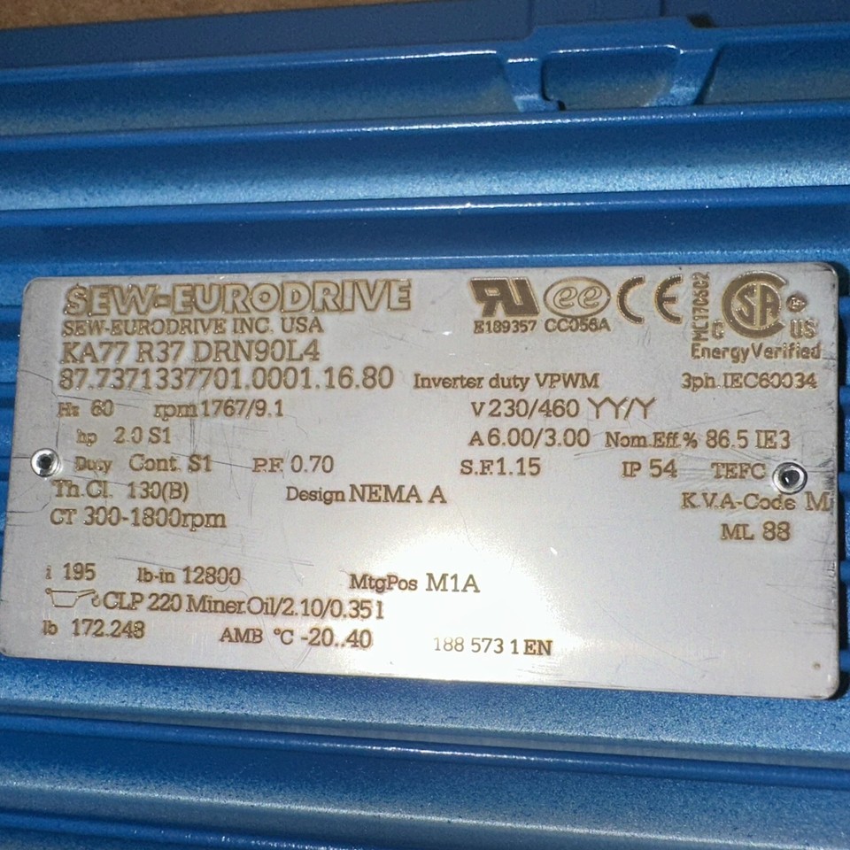 SEW-EURODRIVE KA77 R37 DRN90L4 2.0-HP RPM-1767/9.1 CT300-1800rpm Gear-Motor NEW | eBay