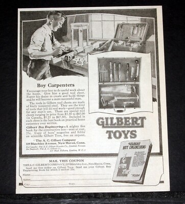 1920 OLD MAGAZINE PRINT AD, AC GILBERT TOYS, BOY CARPENTER TOOL CHEST ...