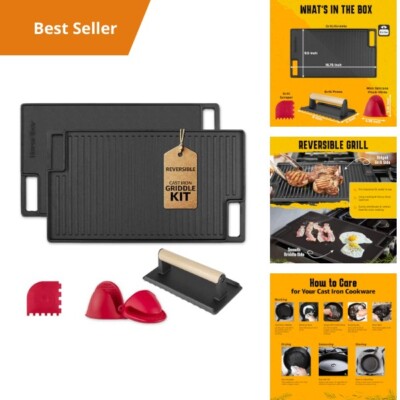 Cast Iron Reversible Grill Griddle Set - Non-Stick Pre-Seasoned Cooking ...