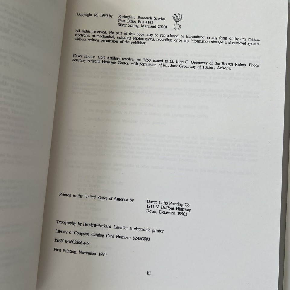 Springfield Research Service Serial Numbers of U.S. Martial Arms Volume ...