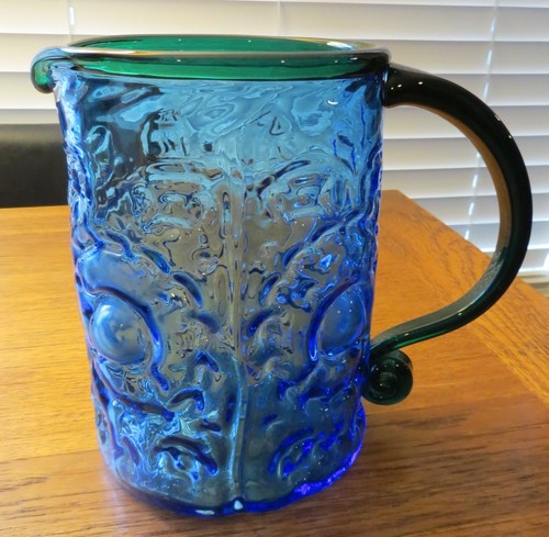 Vintage Blenko Glass Pitcher Designed by Hank Adams RARE BLUE GREEN ...