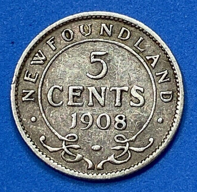 1908 Newfoundland 5 Cent Silver Coin - EDWARD VII - NFLD .925 Five Cent ...