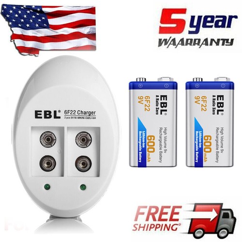 NEW EBL 2-PACK 9V 600mAh Lithium Rechargeable Batteries & 2-Slots USB ...