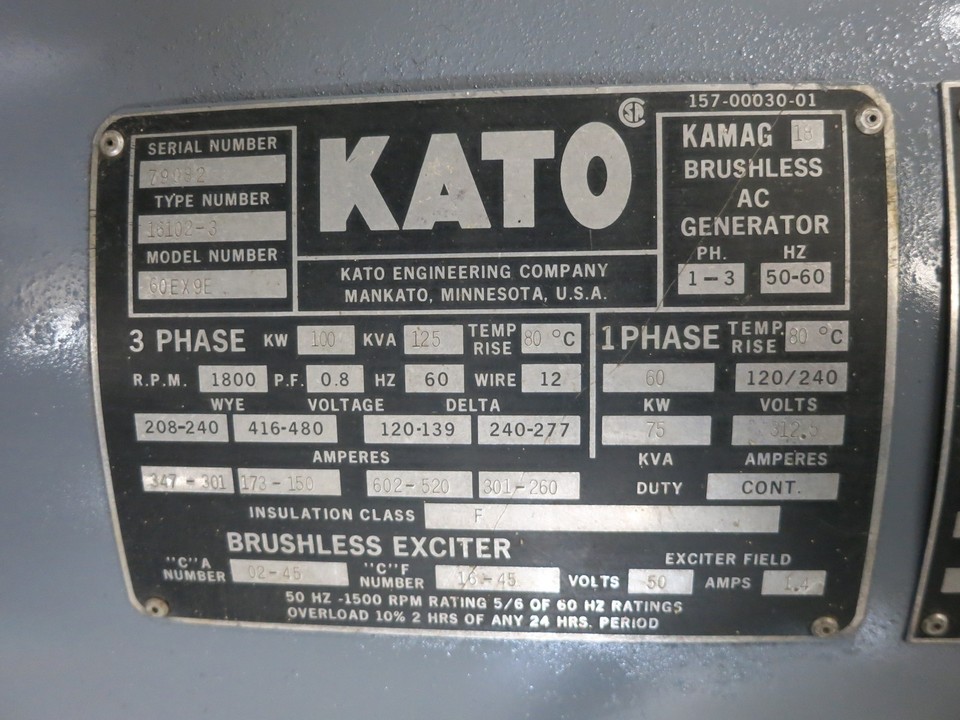 KATO 100 kW 60EX9E Kamag 18 Brushless Generator Exciter Head End 16102 ...
