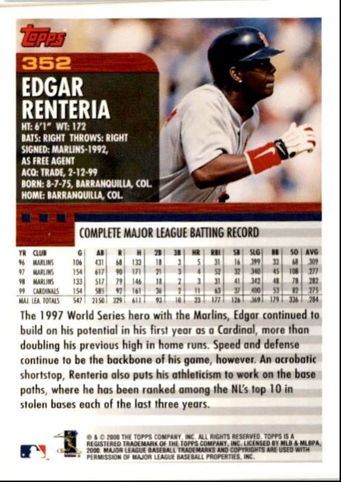 2000 Topps Baseball Card Edgar Renteria St. Louis Cardinals #352 | eBay