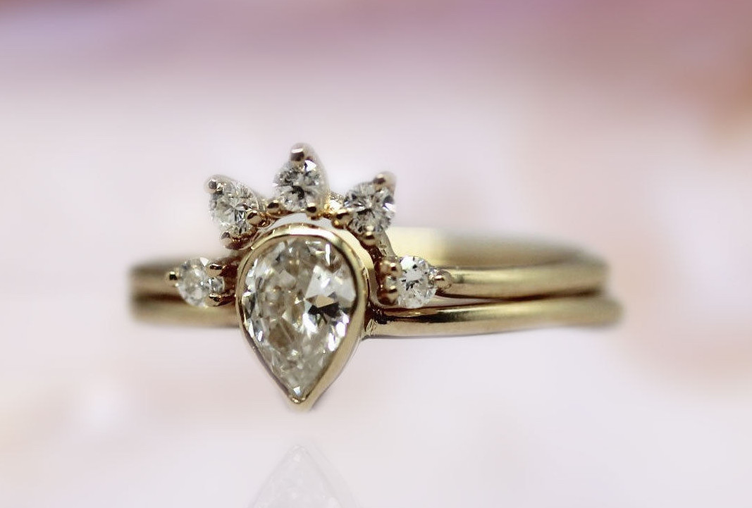 14k Solid Gold Ring pear diamond ring set bridal ring natural diamonds ...