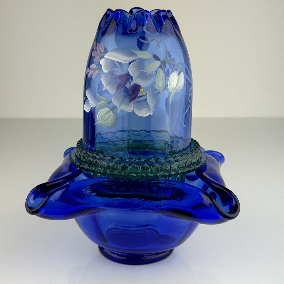 Fenton cobalt blue and green 3 Piece fairy lamp hand painted George W ...