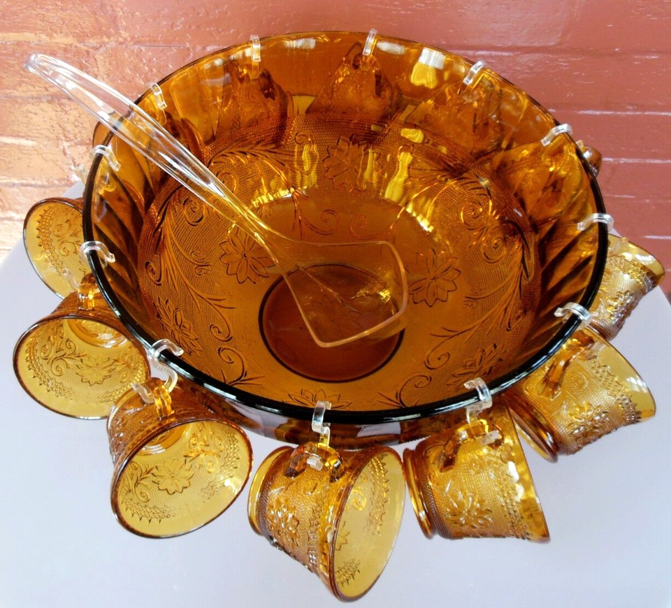 Tiara Indiana Glass Amber Sandwich Punch Bowl & Ladle & Cups & Hooks 26 ...