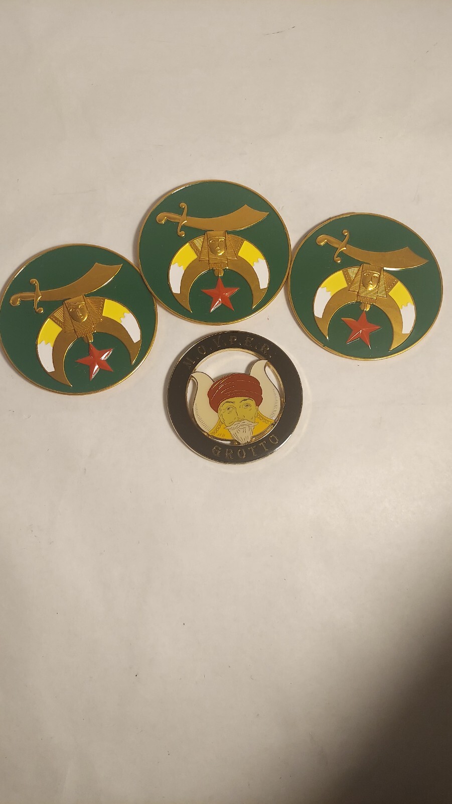 Vtg. Masonic Green Shriner Car Emblems/1 M.O.V.P.E.R. Grotto Emblem LOT ...