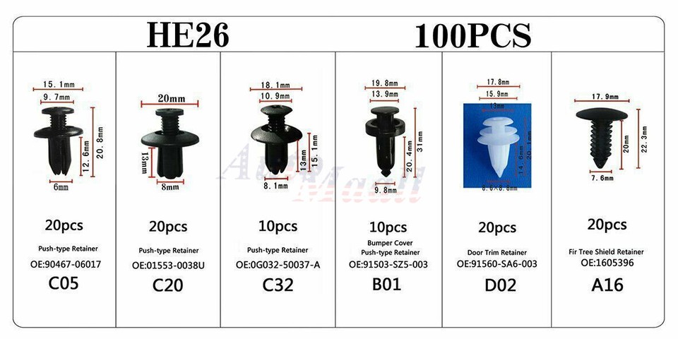 100/PK 6Size CLIP PUSH RETAINER FASTENER RIVETS w/ 5 TOOLS FOR GM FORD ...