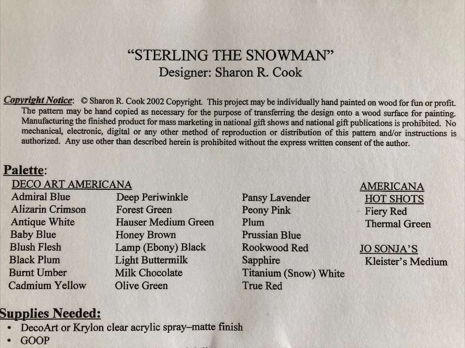 Vintage Tole Pattern Packet: Sterling the Snowman by Sharon R. Cook | eBay