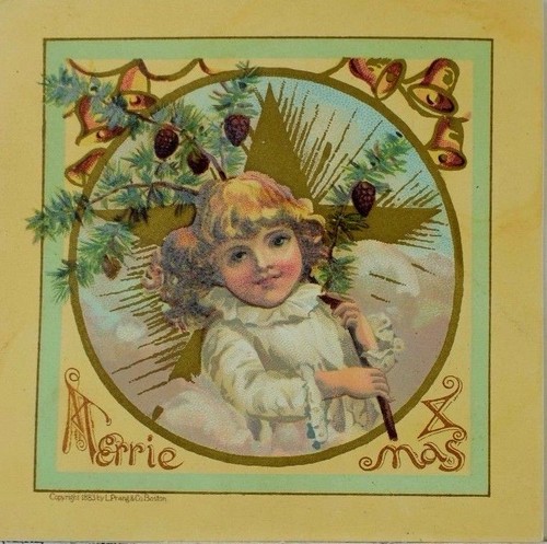 1883 Victorian Christmas Trade Card Graphic Adorable Girl Gold Star ...