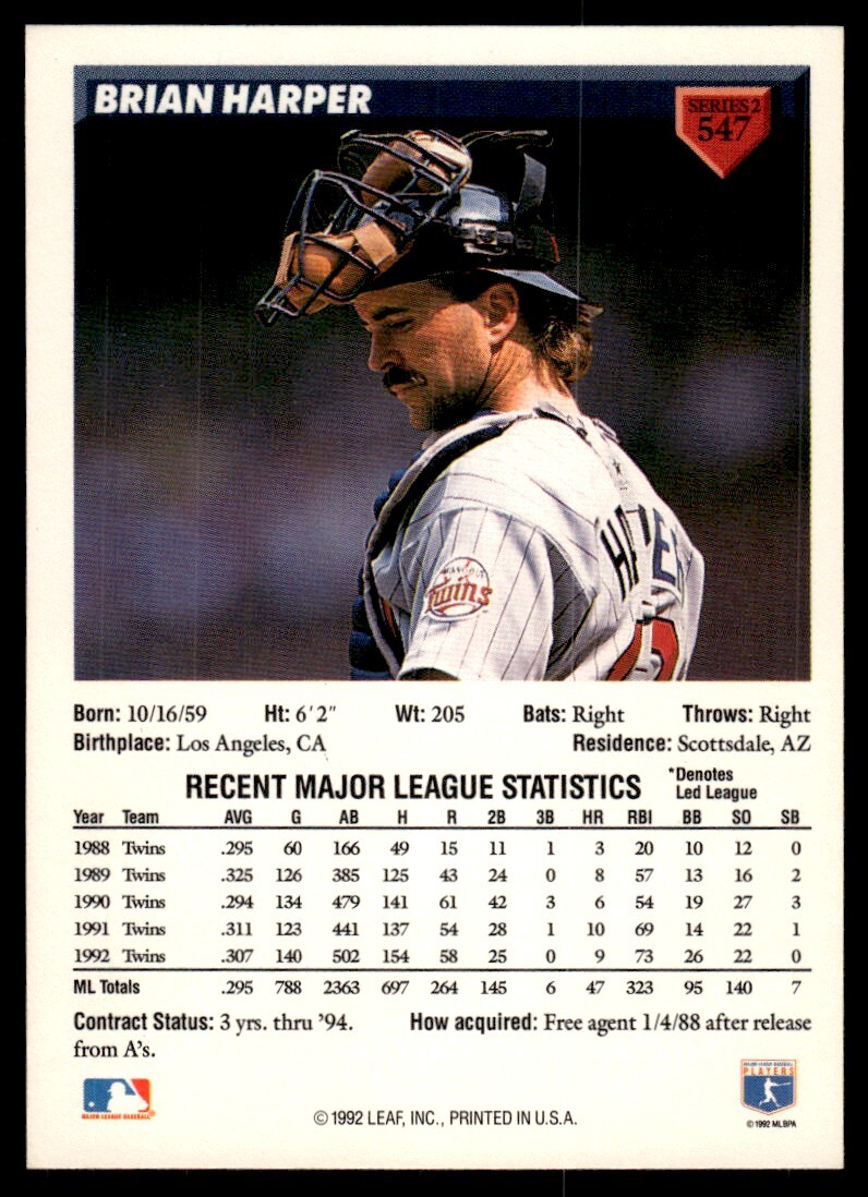 1993 Donruss Baseball Card Brian Harper Minnesota Twins #547 | eBay
