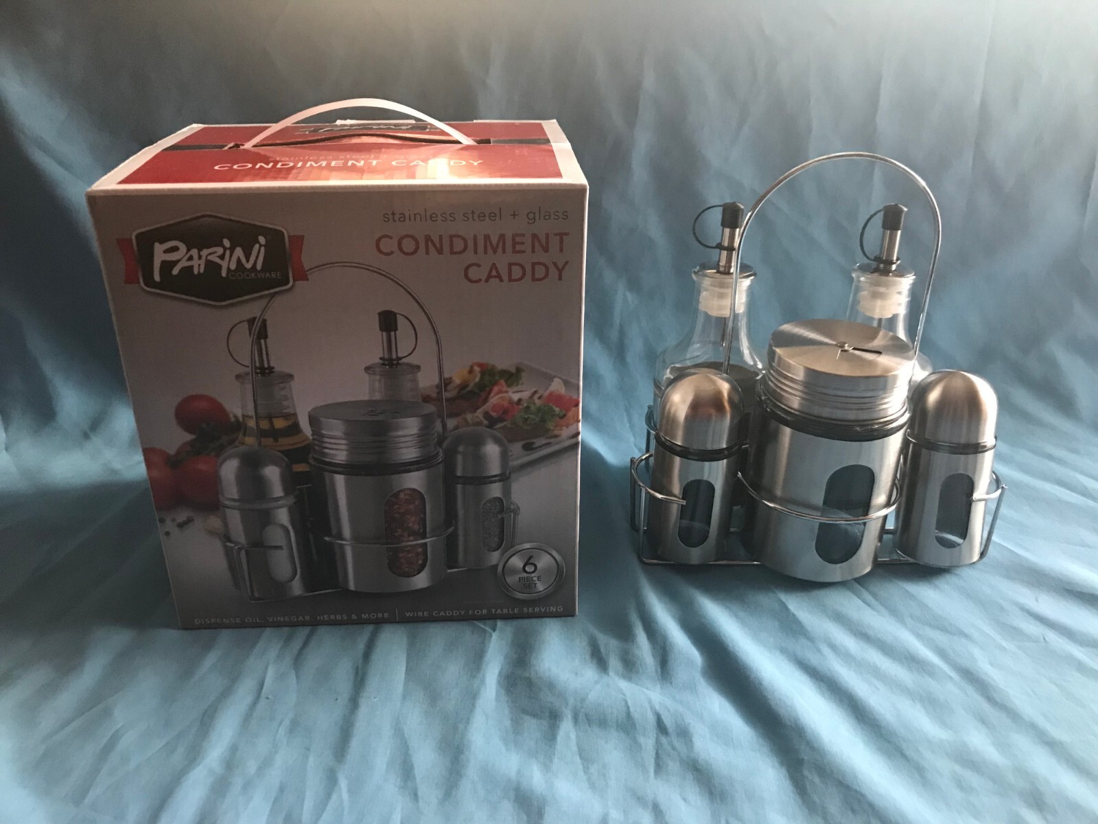 Parini Stainless Steel Condiment Caddy Rack 6 Piece Set S&P Shakers ...