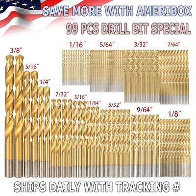 99PCS Drill Bit Set 1/16"-3/8" HSS Titanium Multi Drill Bits Twist ...