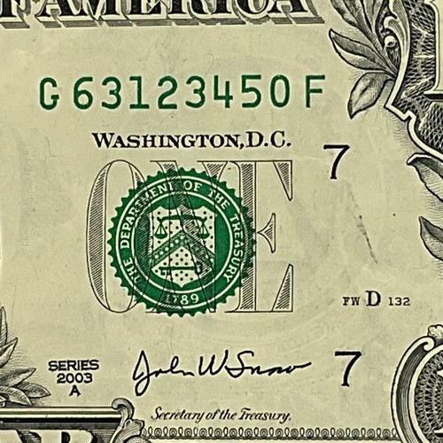 5 Digit Ladder Fancy Serial Number 2003A One Dollar Bill G63123450F FW ...